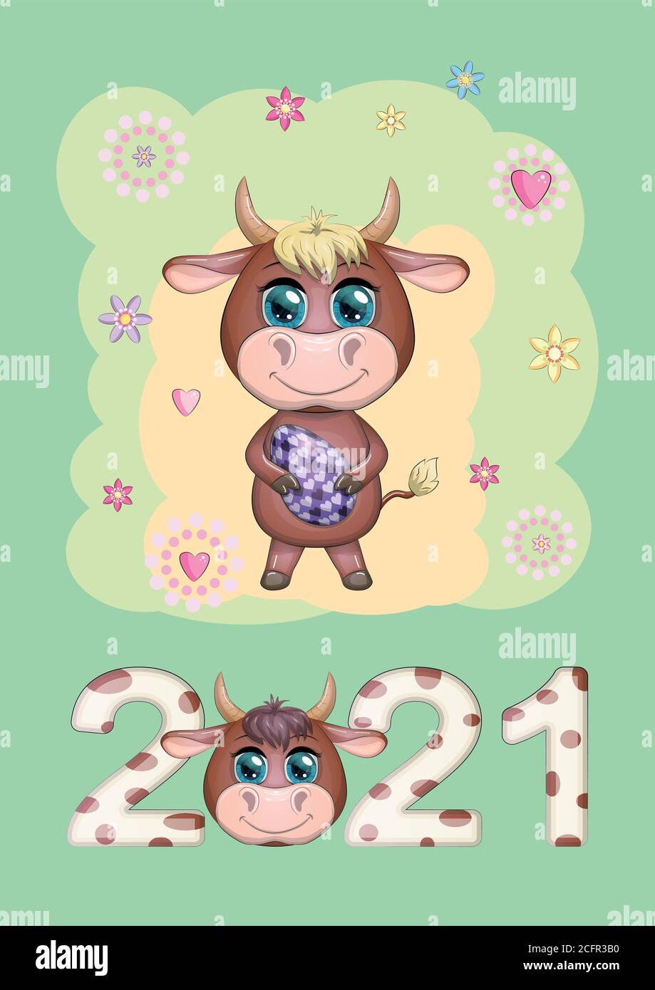 Calendar 2021. Cute bull and cow for every month Stock Vector Image ...