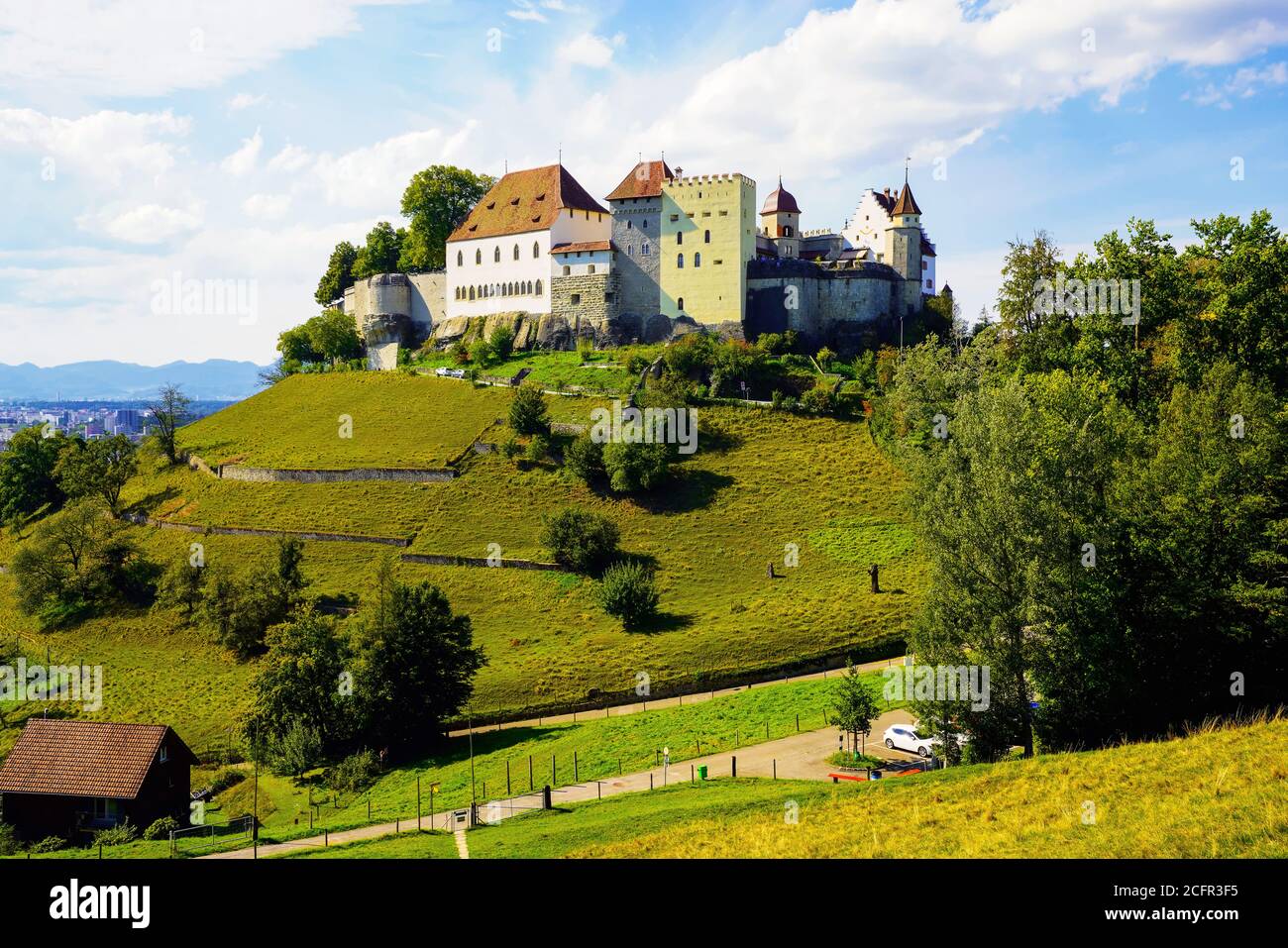 Panoramic view of the Lenzburg castle, located above the Lenzburg Old ...