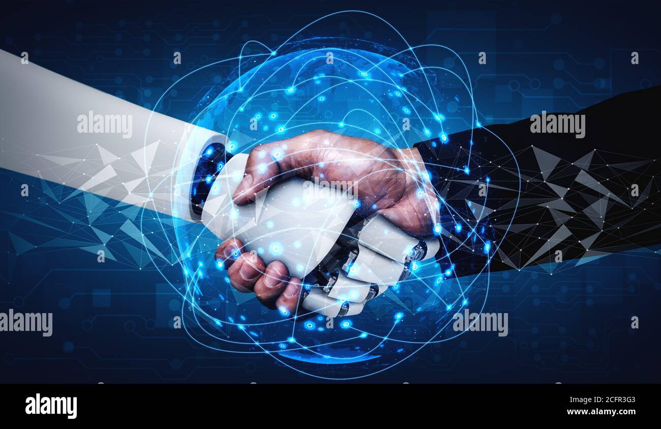 3D rendering humanoid robot handshake to collaborate future technology ...