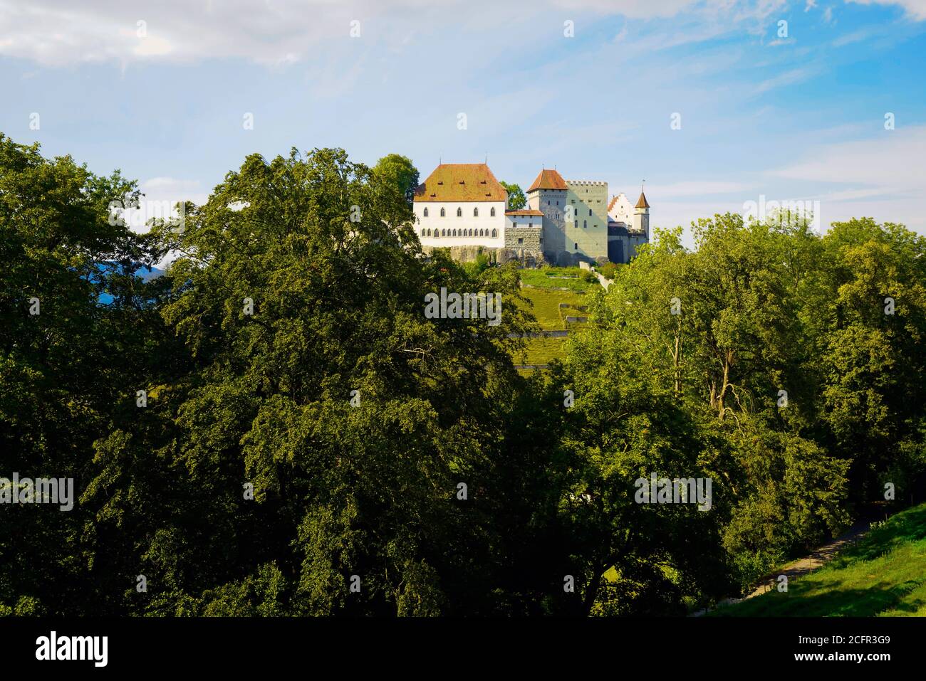 Panoramic view of the Lenzburg castle, located above the Lenzburg Old ...