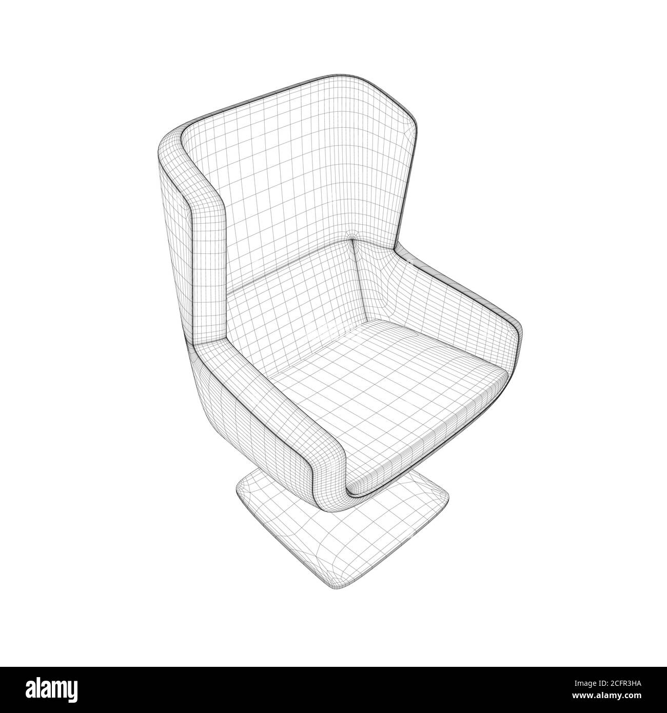 Wireframe of a comfortable chair from black lines isolated on white background. Isometric view ...