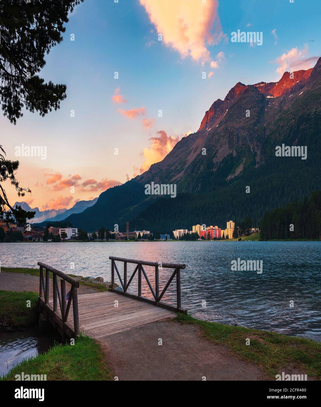 Sunset above St. Moritz with lake and Swiss Alps in Switzerland Stock ...