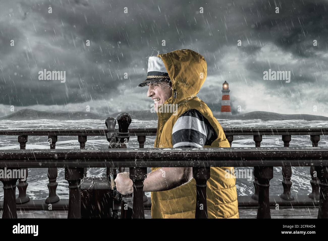 helmsman with vest and cap struggle against storm in front of stormy ...