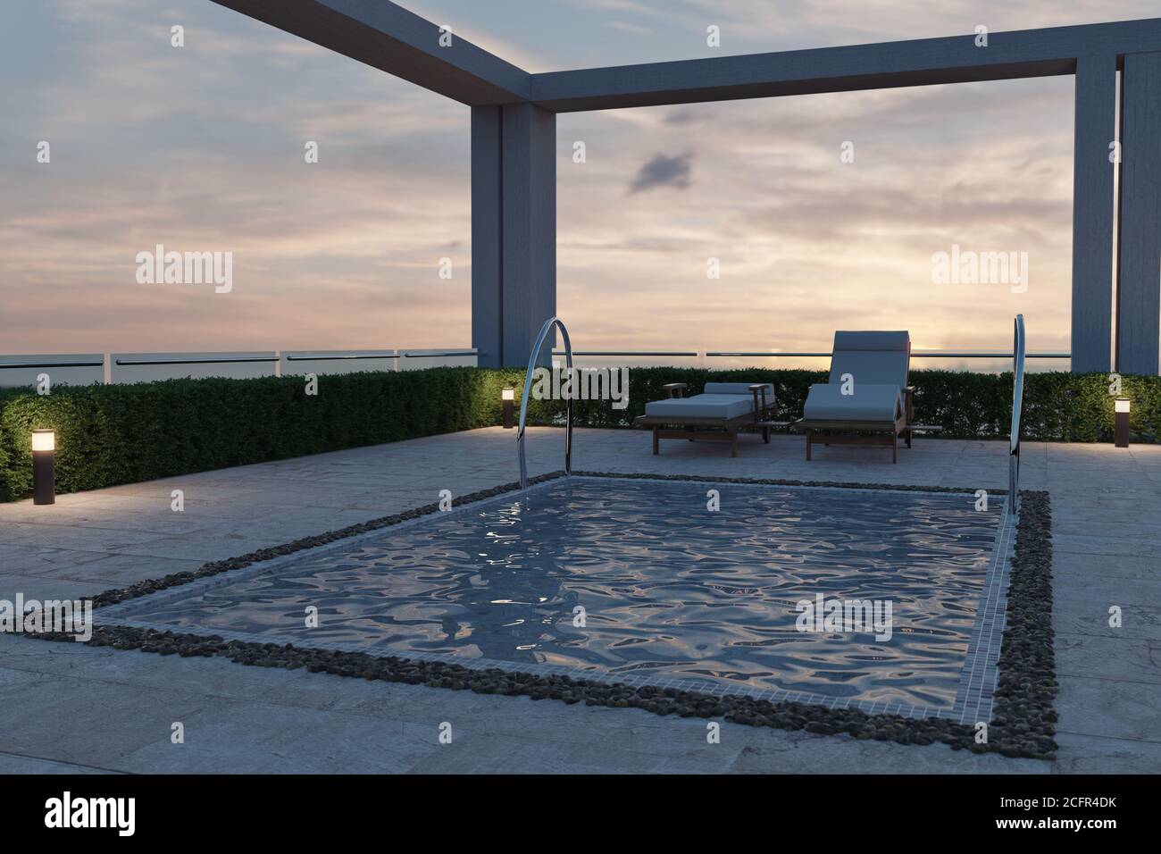 3d rendering of modern swimming pool at tiled terrace in the evening ...