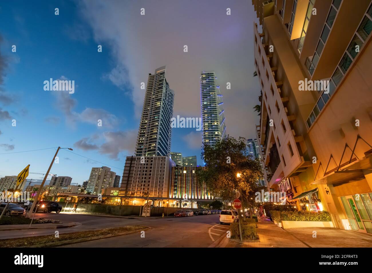 Downtown Miami skyscrapers from the street at sunset, Florida Stock ...
