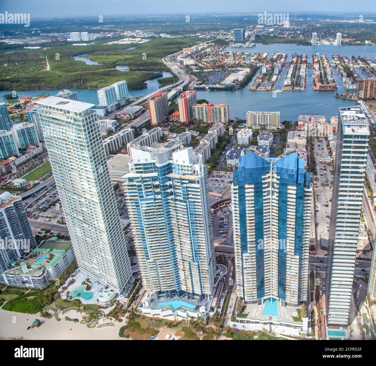 Aerial view of Miami Beach with shoreline and skyscrapers Stock Photo ...