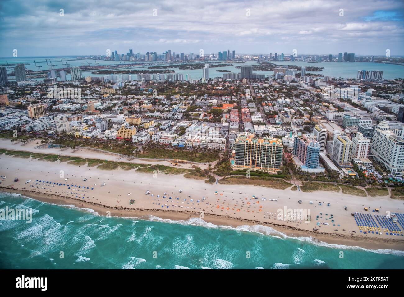 Miami Beach Ocean Drive and shoreline as seen from helicopter, aerial ...