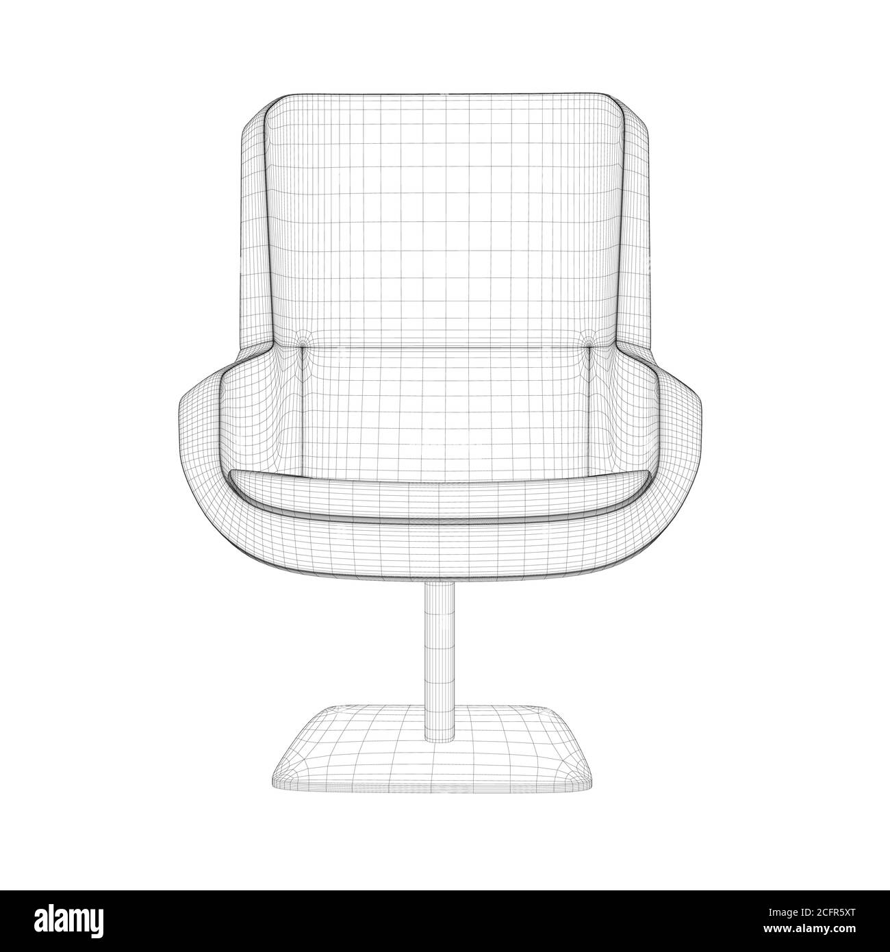 Wireframe of a comfortable chair from black lines isolated on white background. Front view. 3D ...