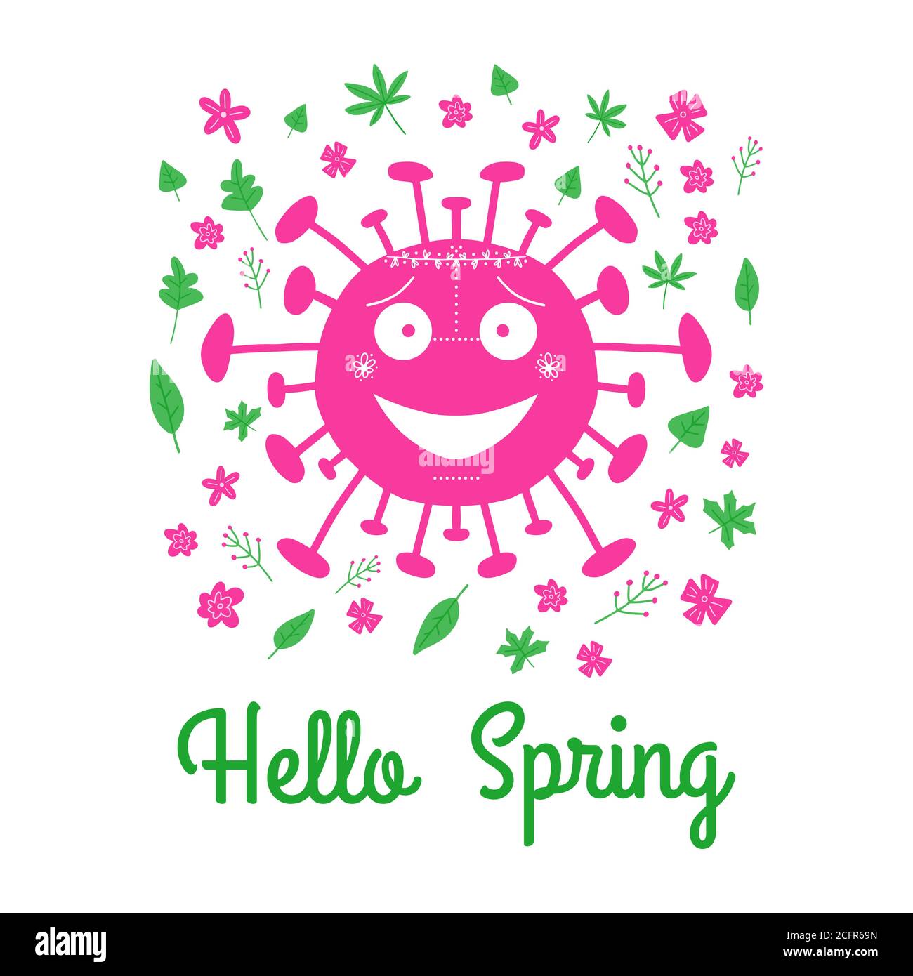 Hello spring. Pink cartoon coronavirus bacteria with green leaves and ...