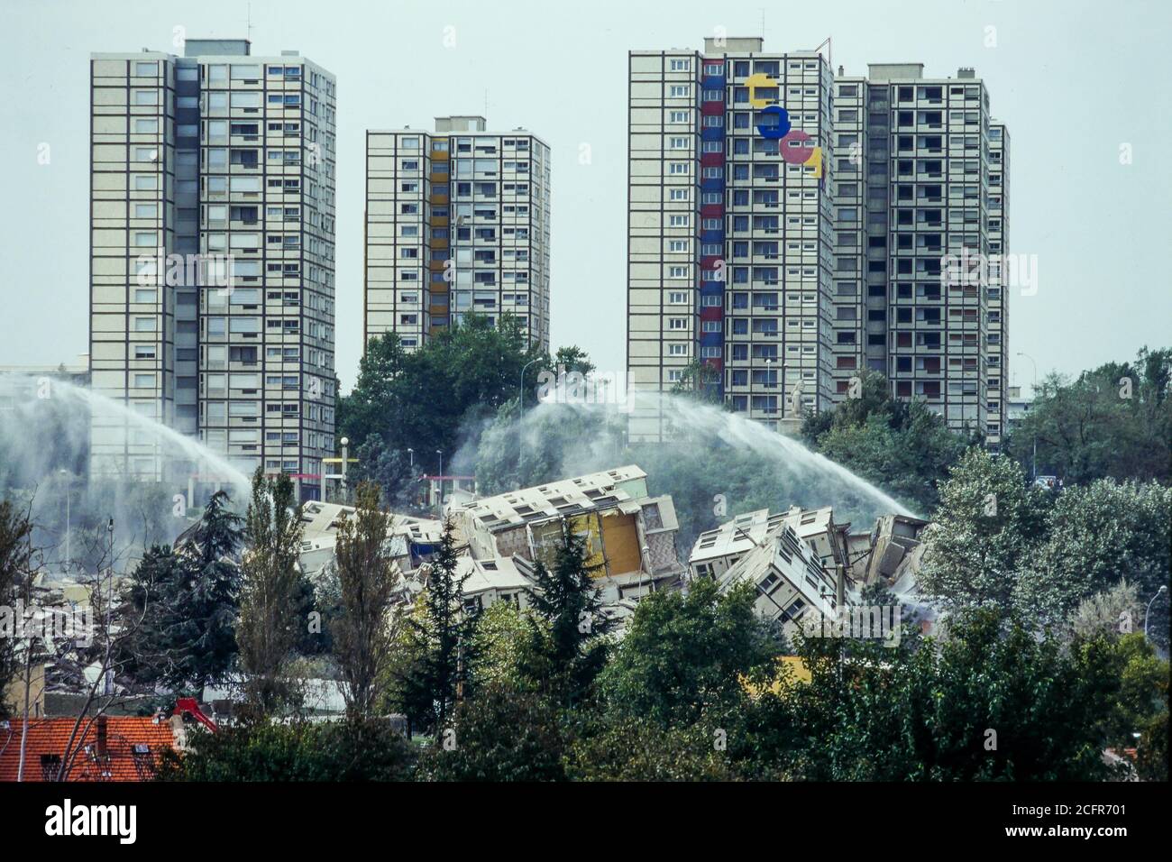 Demolition of ten towers in Democratie district, Venissieux, 1994 ...