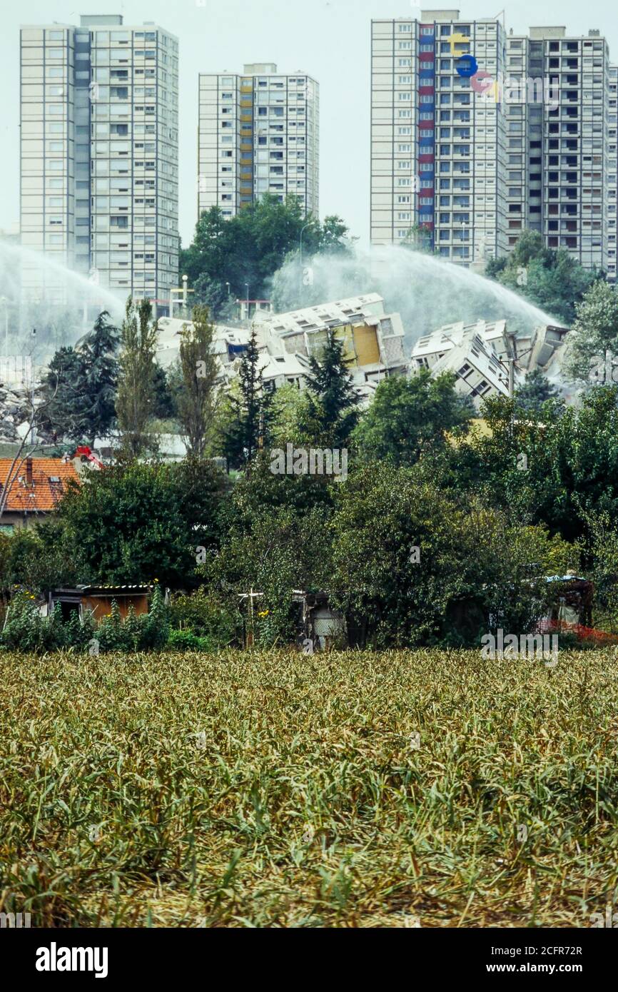 Demolition of ten towers in Democratie district, Venissieux, 1994 ...