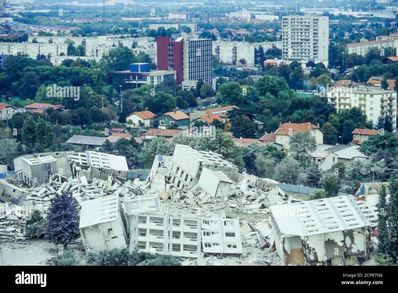Demolition of ten towers in Democratie district, Venissieux, 1994 ...