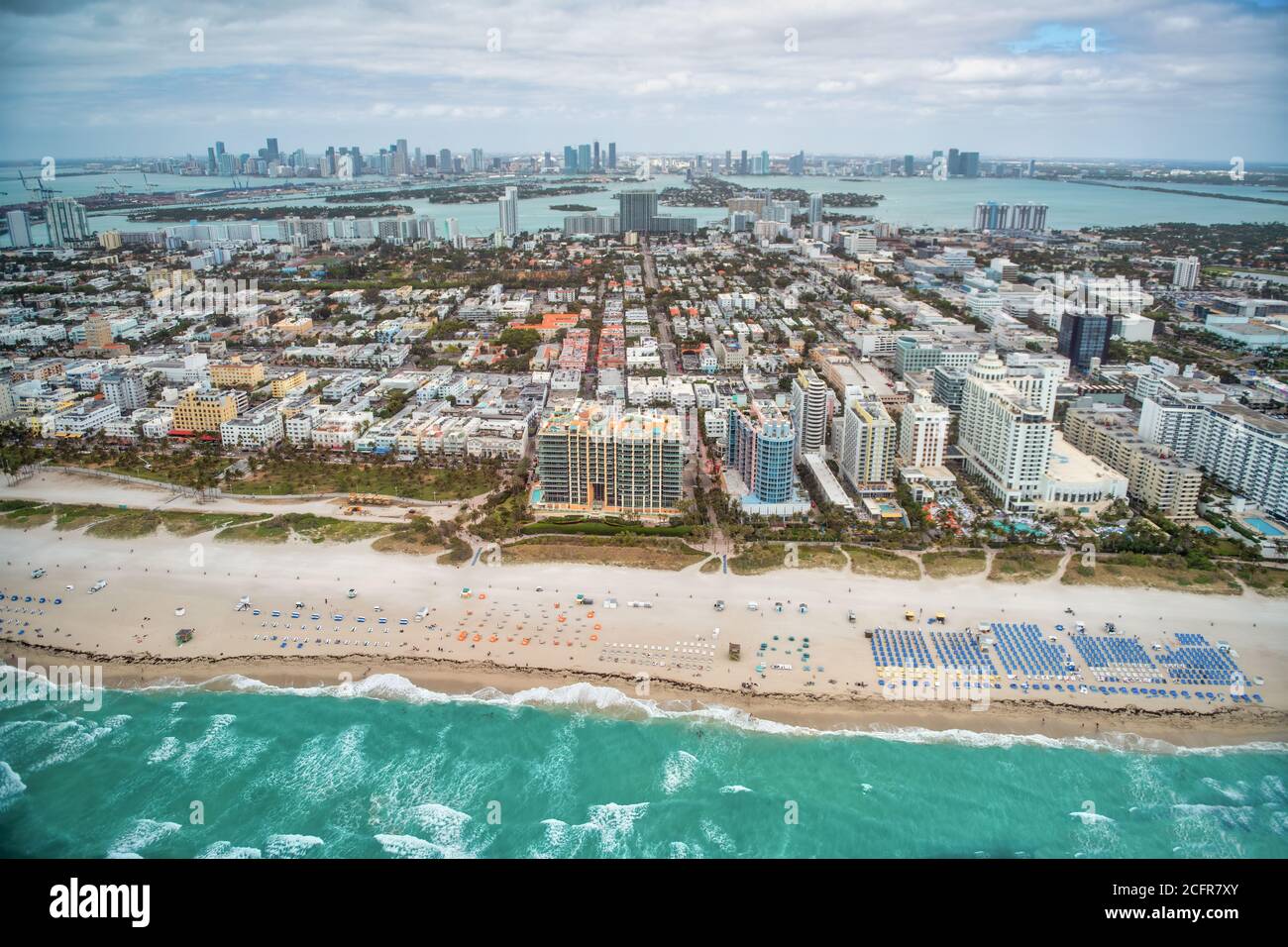 Miami Beach Ocean Drive and shoreline as seen from helicopter, aerial ...