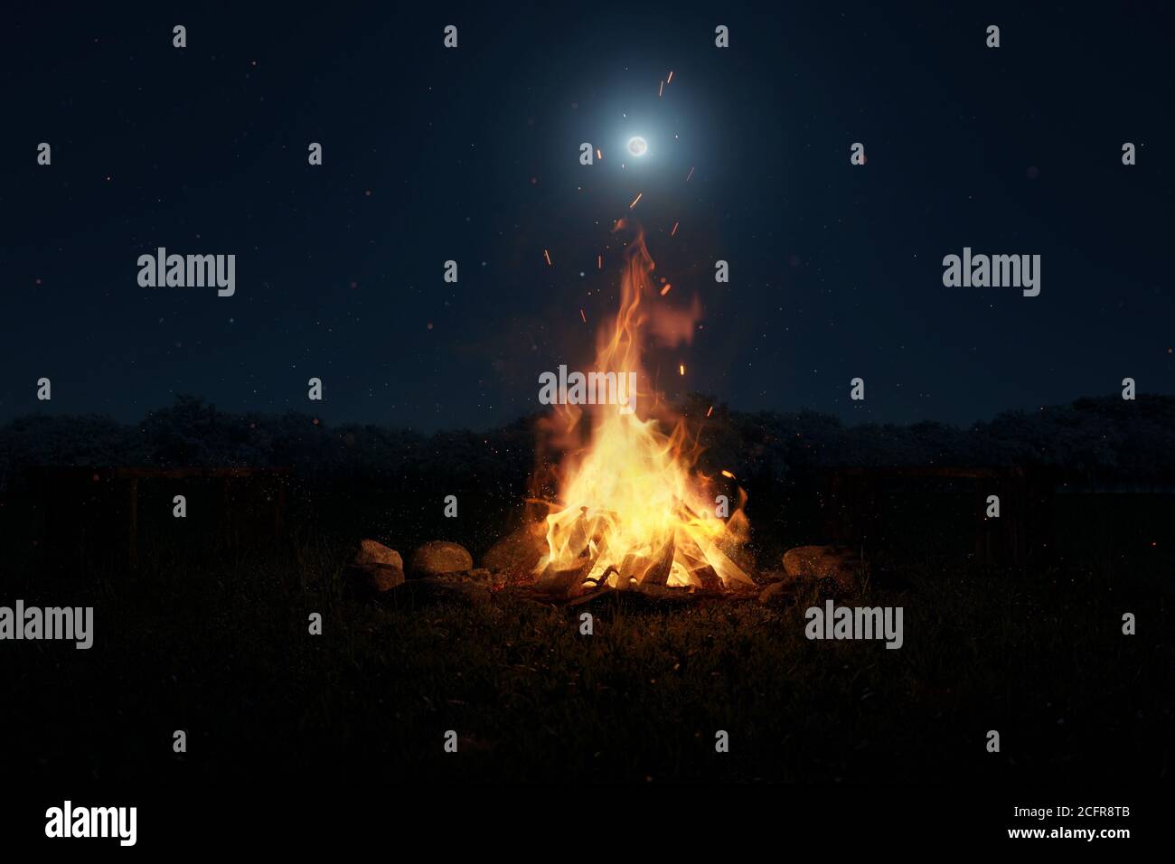 3d rendering of big bonfire with sparks and particles in front of ...
