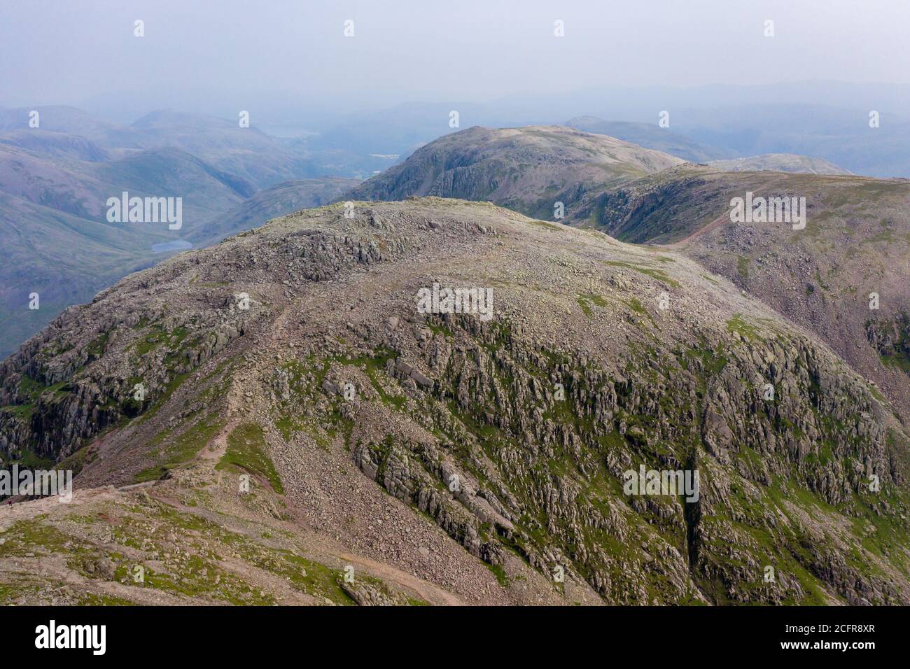 Aerial view of rugged, mountainous scenery (Scafell Pike and Great End ...