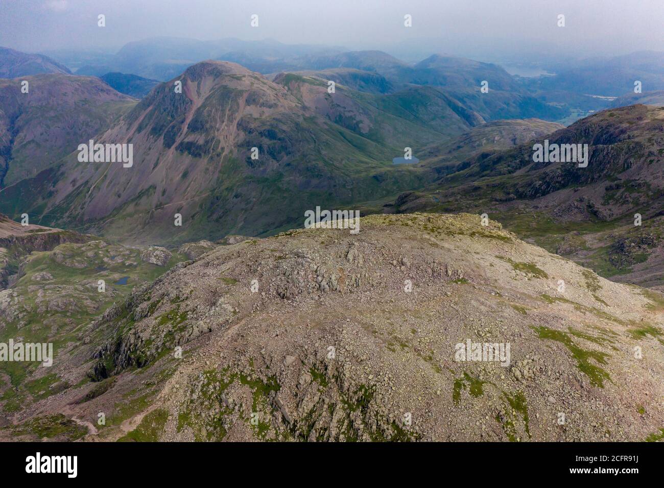 Aerial view of rugged, mountainous scenery (Scafell Pike and Great End ...