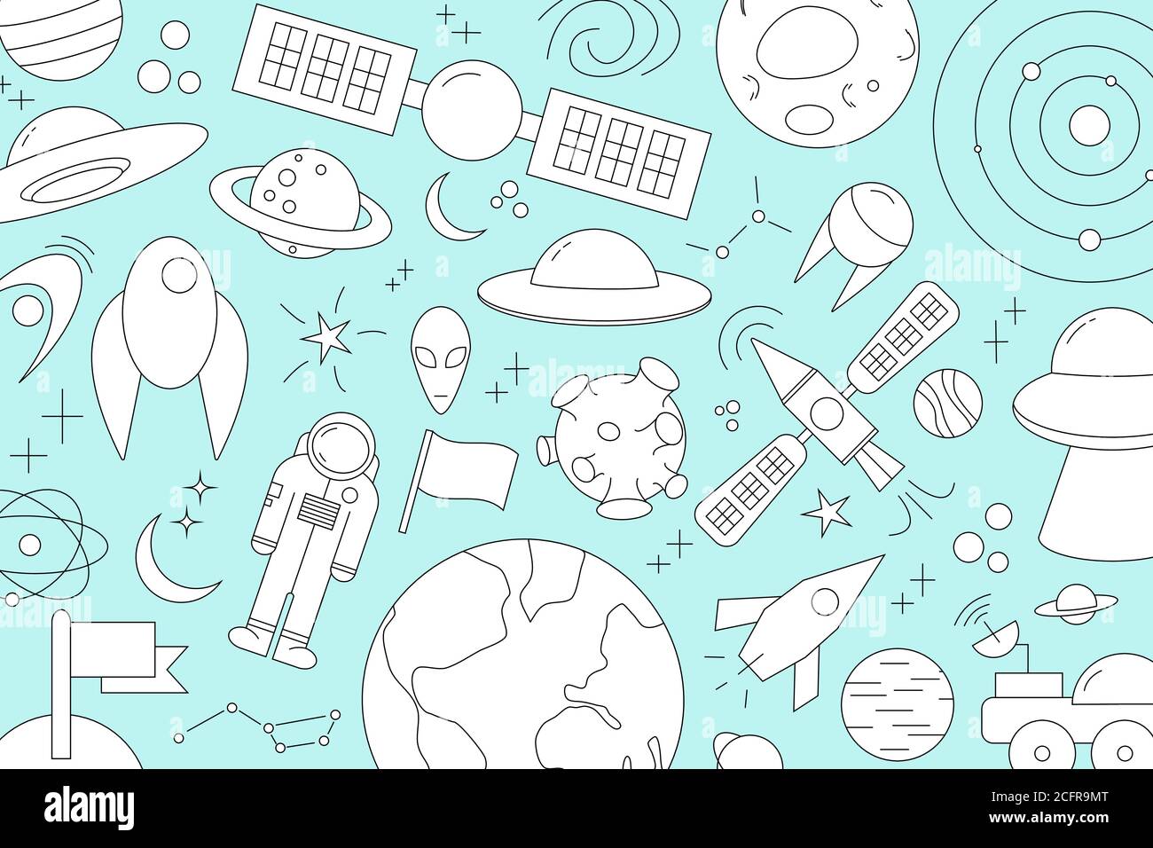 Modern pattern of planet, star, comet, with different rockets. Universe ...