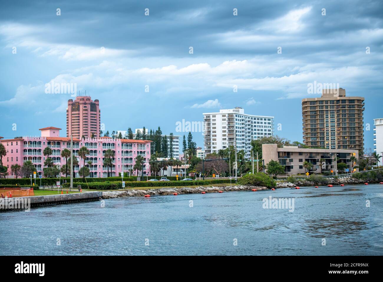 Boca Raton buildings along the river from South Inlet Park at sunset ...