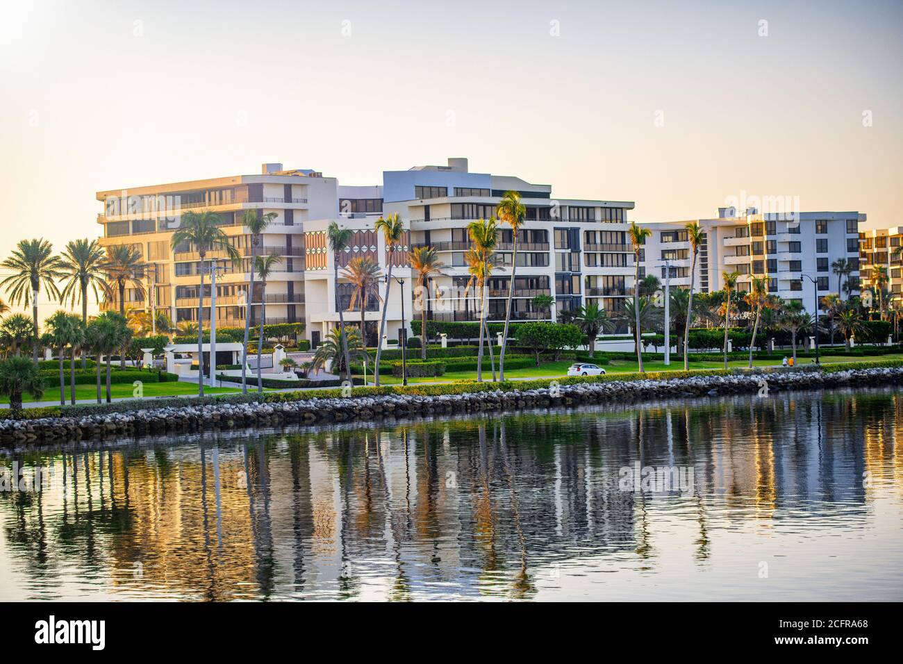 Palm Beach buildings along the shoreline, Florida at sunrise Stock ...
