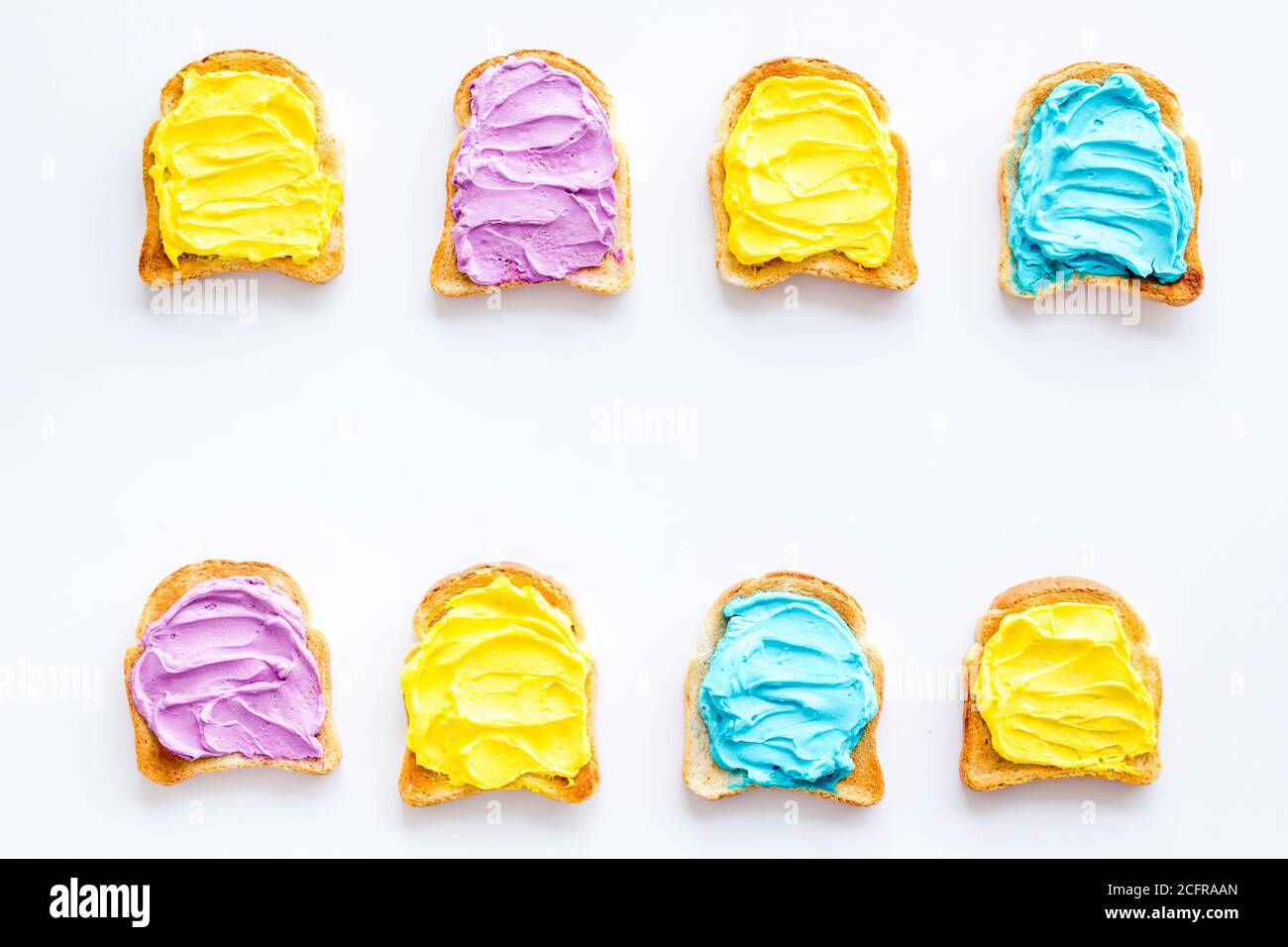 Set of bitten toast bread with cream cheese. Layout top view Stock ...