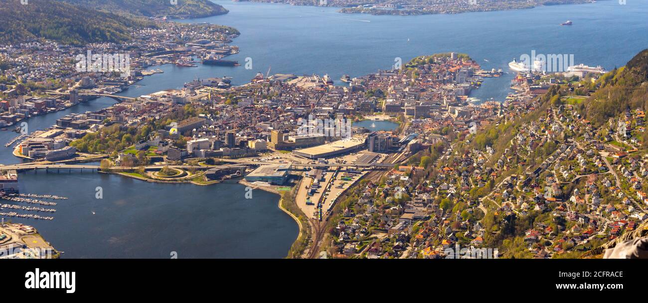 Aerial and high angle view over the city of Bergen, Norway, with ...