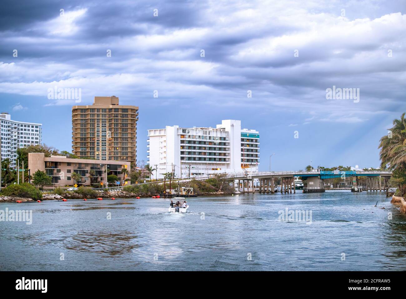 Boca Raton buildings along the river from South Inlet Park at sunset ...