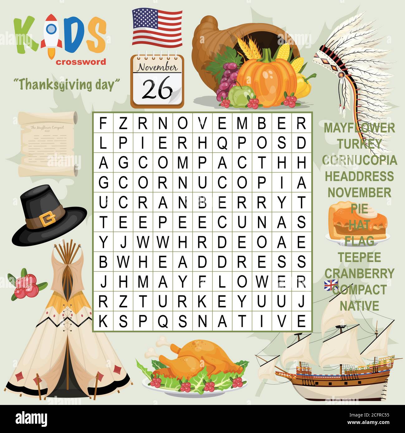 Easy word search crossword puzzle "Thanksgiving day", for children in ...