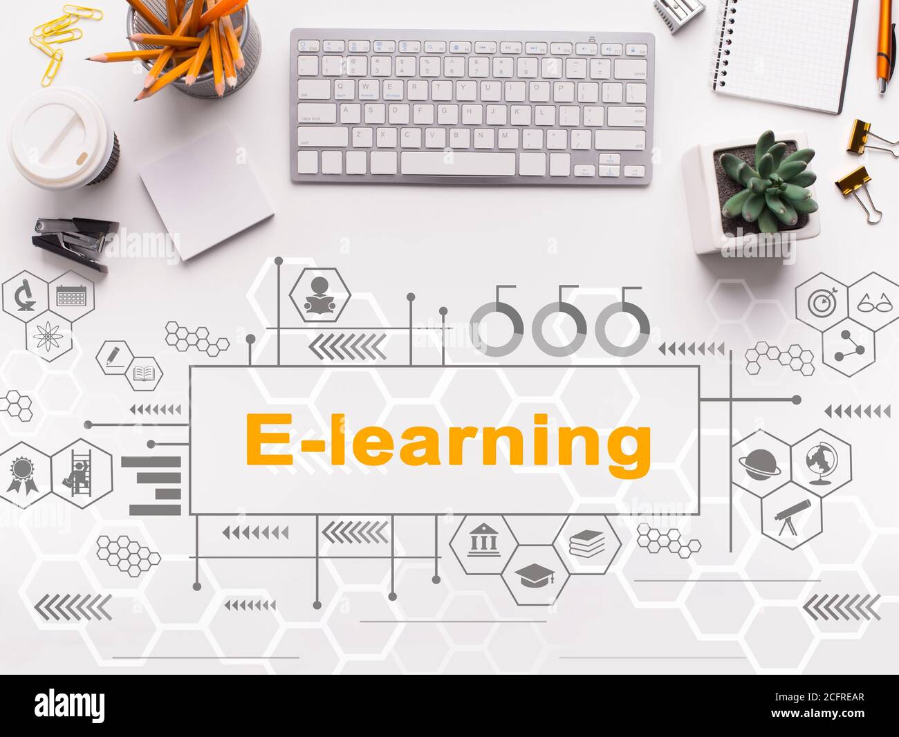 E-Learning Collage Background Of Student's Desk Above View Stock Photo ...