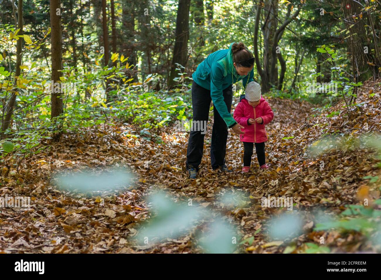 Mother and daughter exploring autumn forest together Stock Photo - Alamy