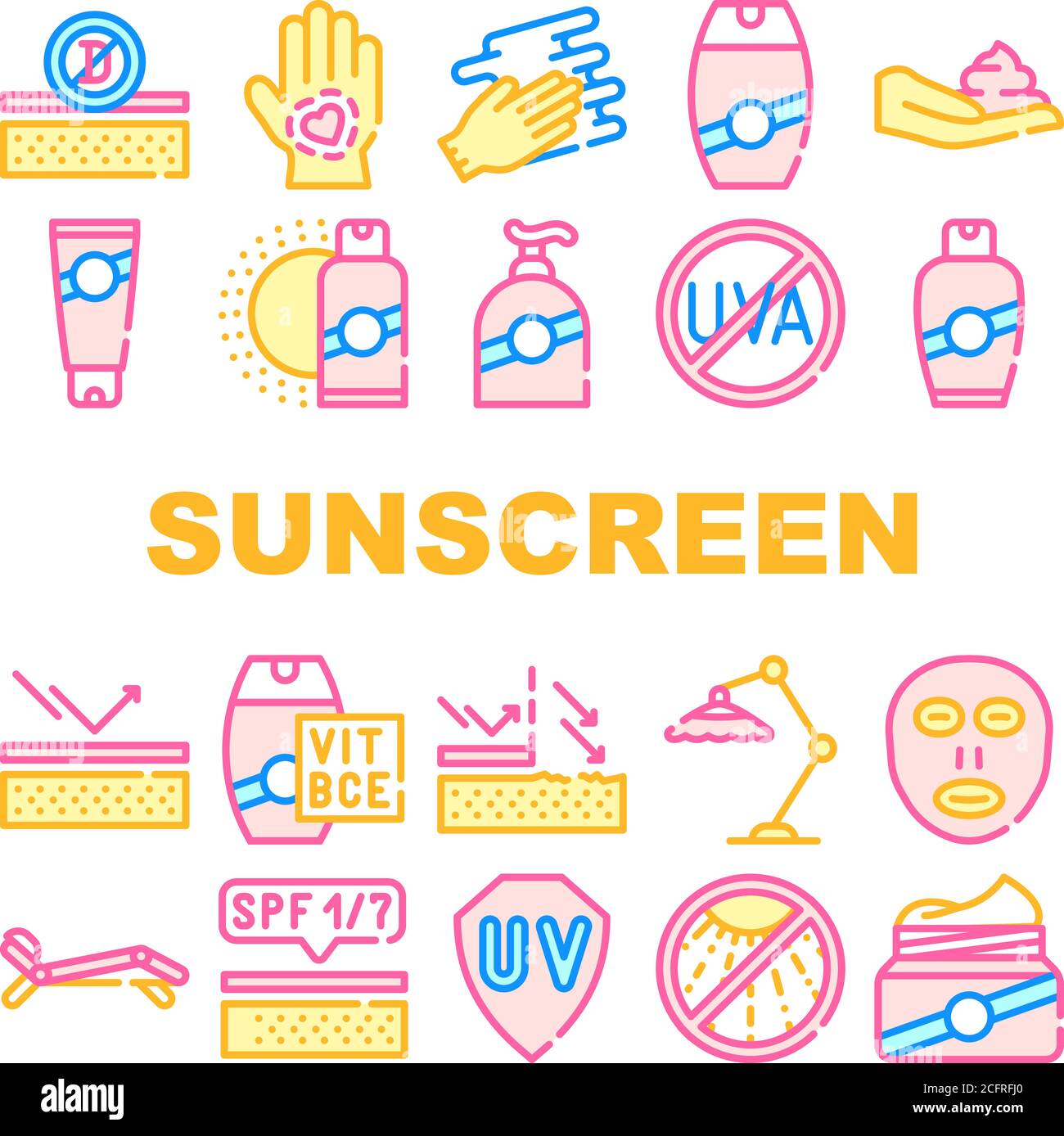 Sunscreen Protection Collection Icons Set isolated illustration Stock ...