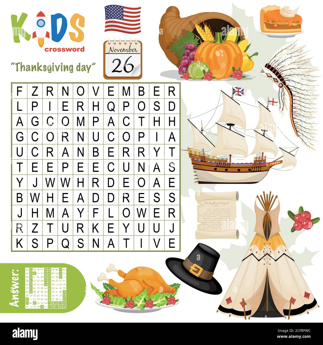 Easy word search crossword puzzle "Thanksgiving day", for children in ...