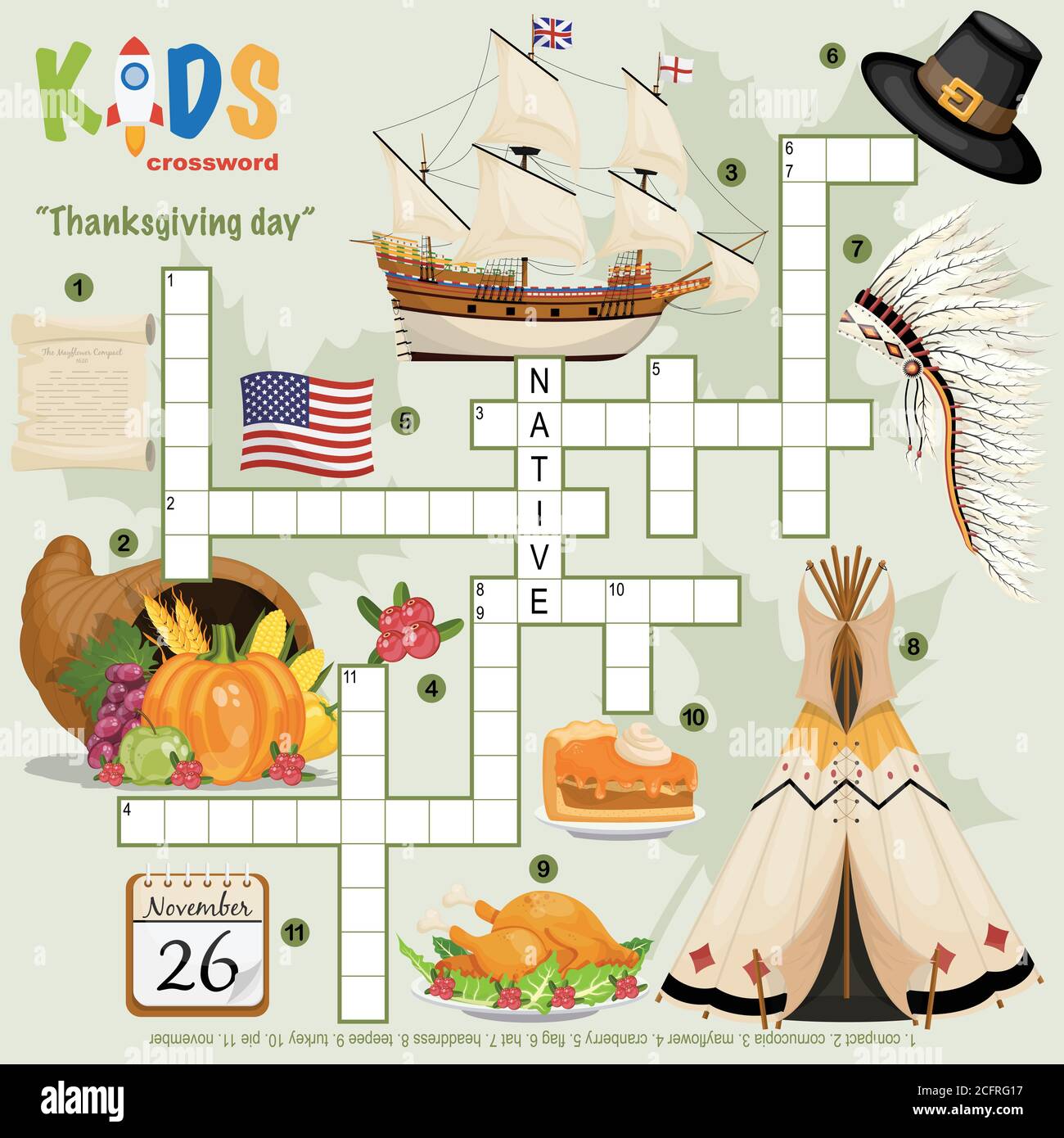 Easy crossword puzzle "Thanksgiving day", for children in elementary ...