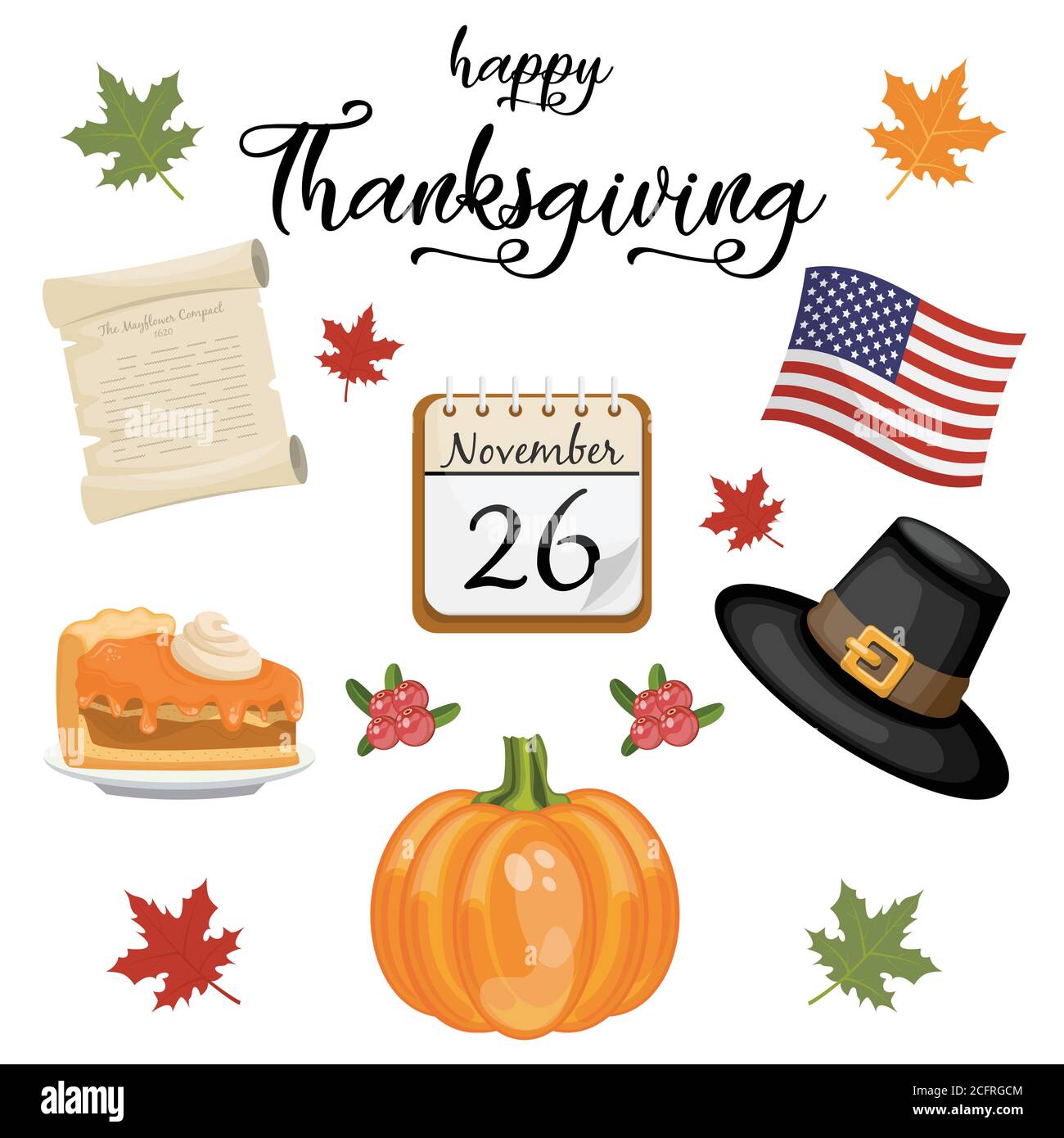 Happy Thanksgiving day lettering with set of traditional elements ...