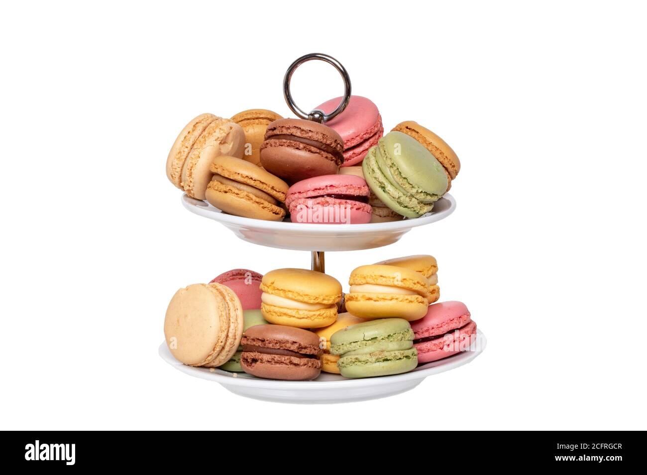 Macaron isolated. Close-up of colourful French macaroons on a two ...