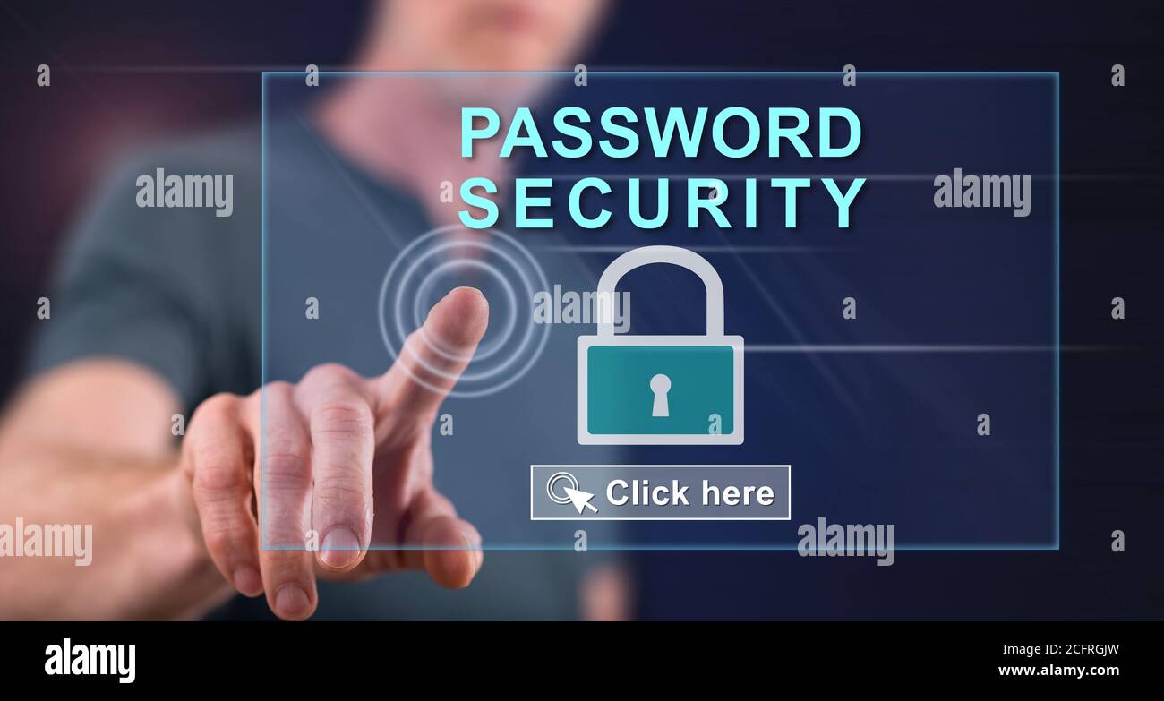 Man touching a password security concept on a touch screen with his ...