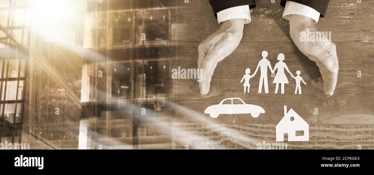 Family, house and car covered by hands - insurance concept; multiple ...