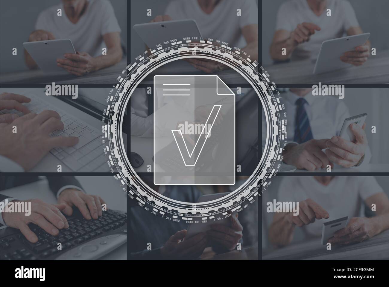 Document validation concept illustrated by pictures on background Stock ...