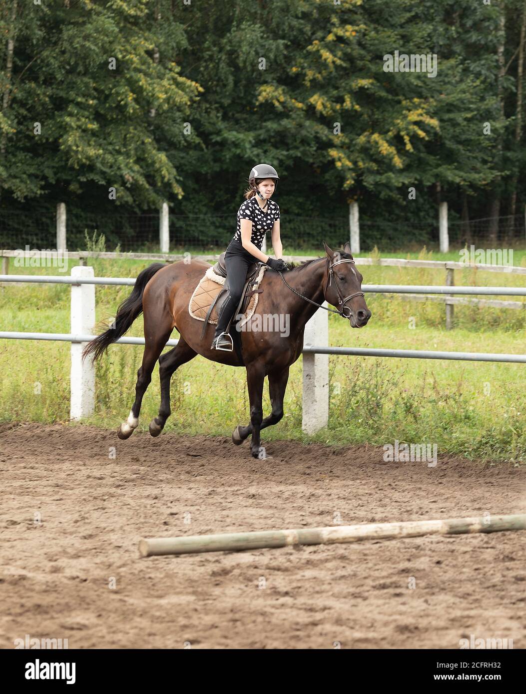 Teenage girl in gallop horseback riding in stables Stock Photo - Alamy