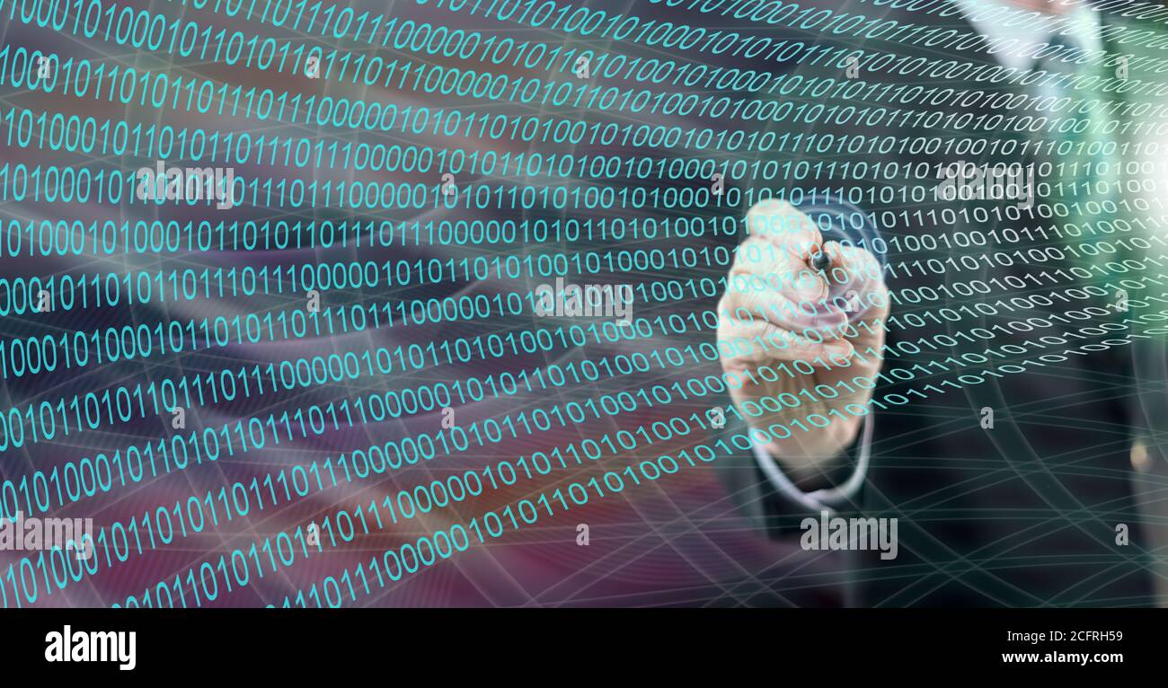 Man touching a digital technology concept on a touch screen with a ...