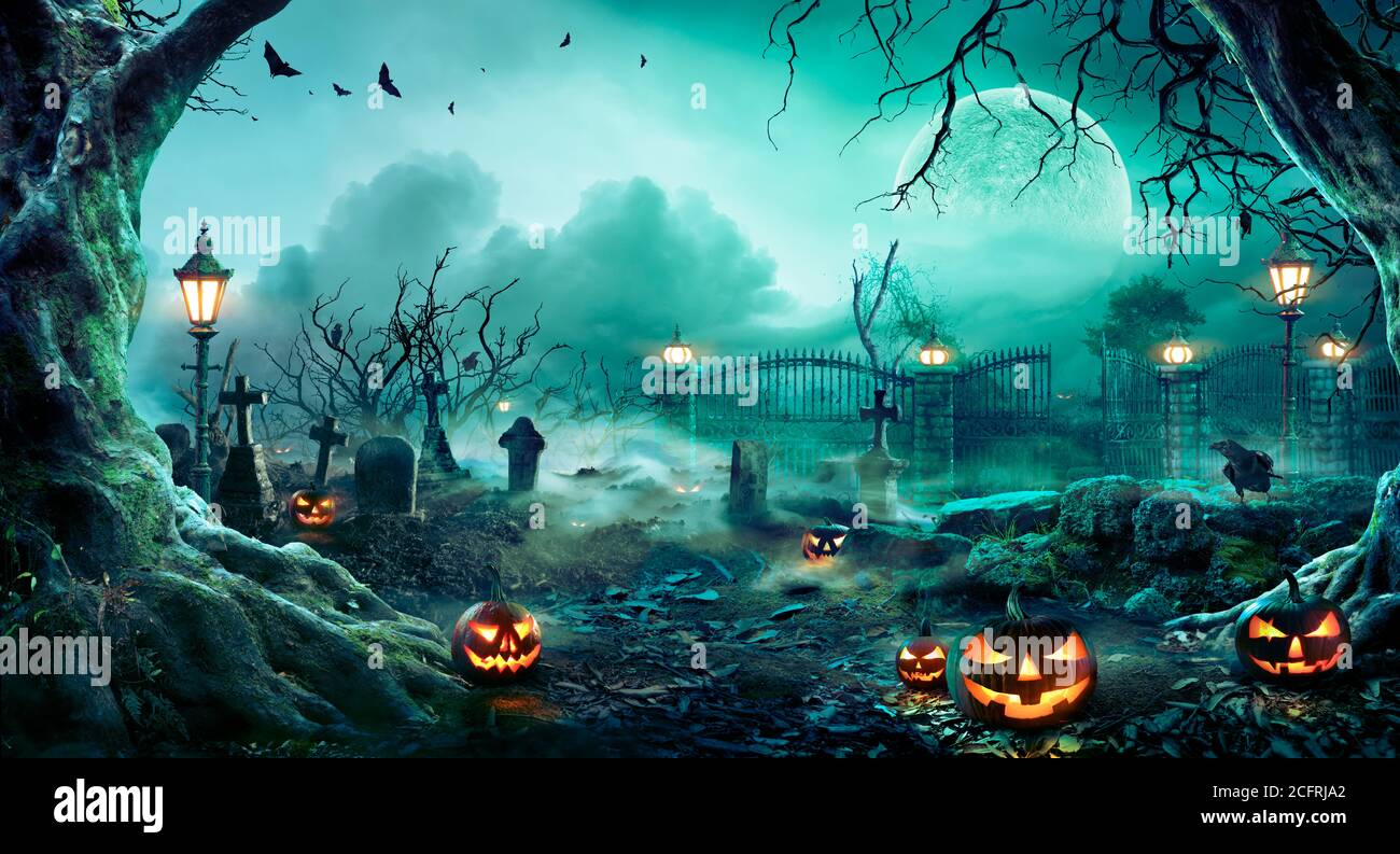 Jack O Lanterns In Graveyard In The Spooky Night Halloween Backdrop Jack O Lanterns In Graveyard In The Spooky Night Halloween Backdrop
