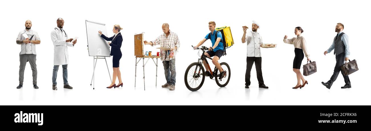 Group of people with different professions on white studio background ...
