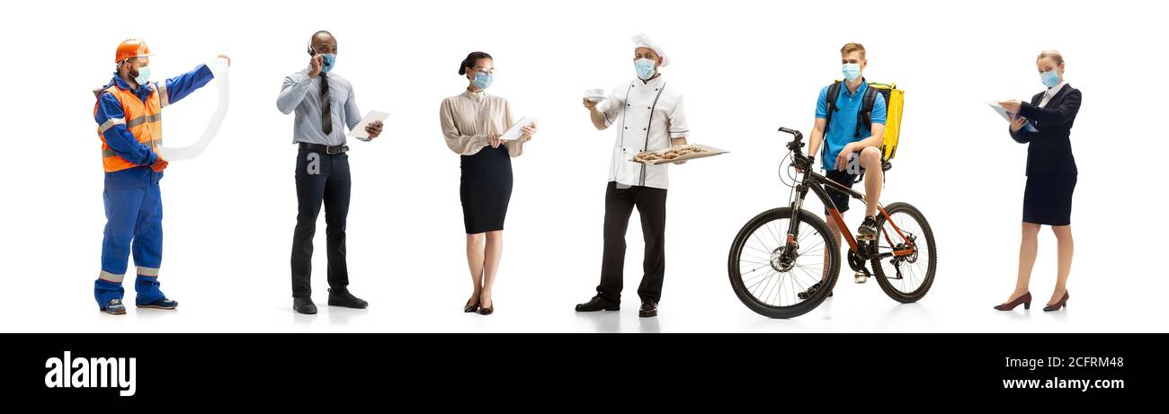 Group of people with different professions on white studio background ...