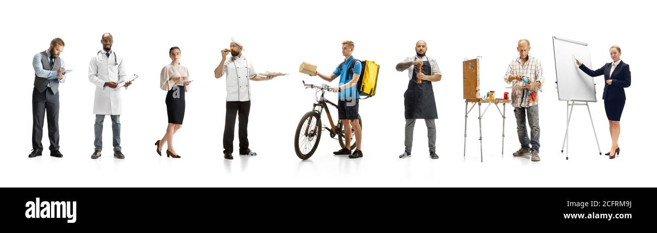 Group of people with different professions on white studio background ...