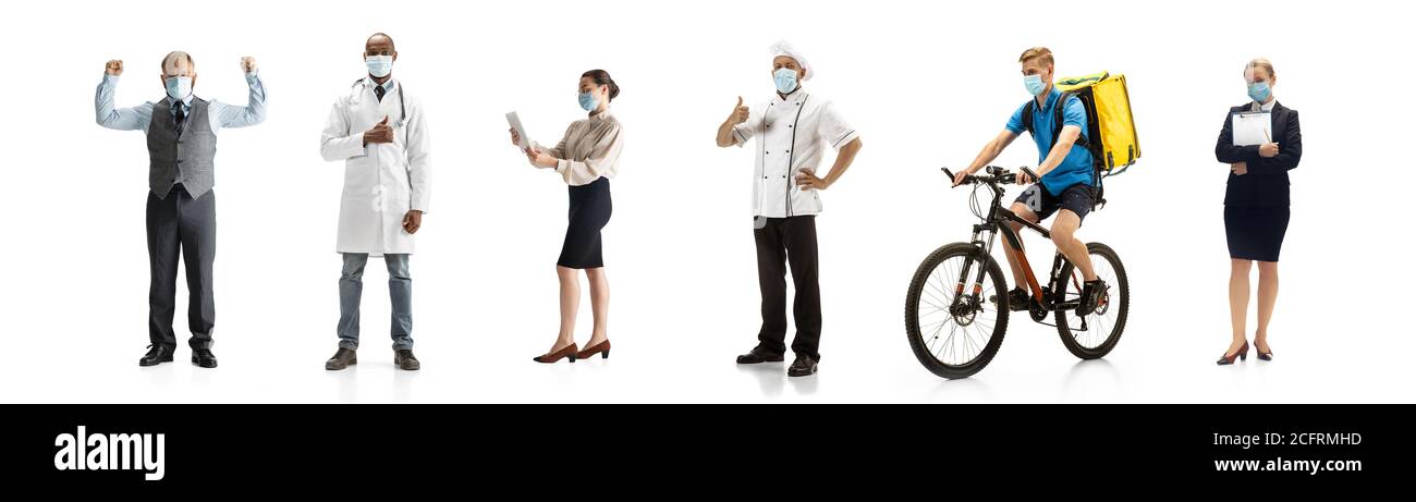 Group of people with different professions on white studio background ...