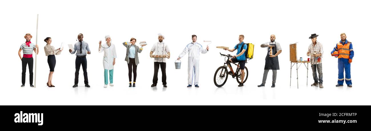 Group of people with different professions on white studio background ...