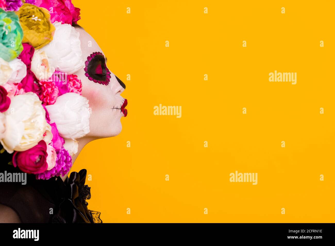 Profile headshot photo of calavera katrina undead goddess send air kiss ...