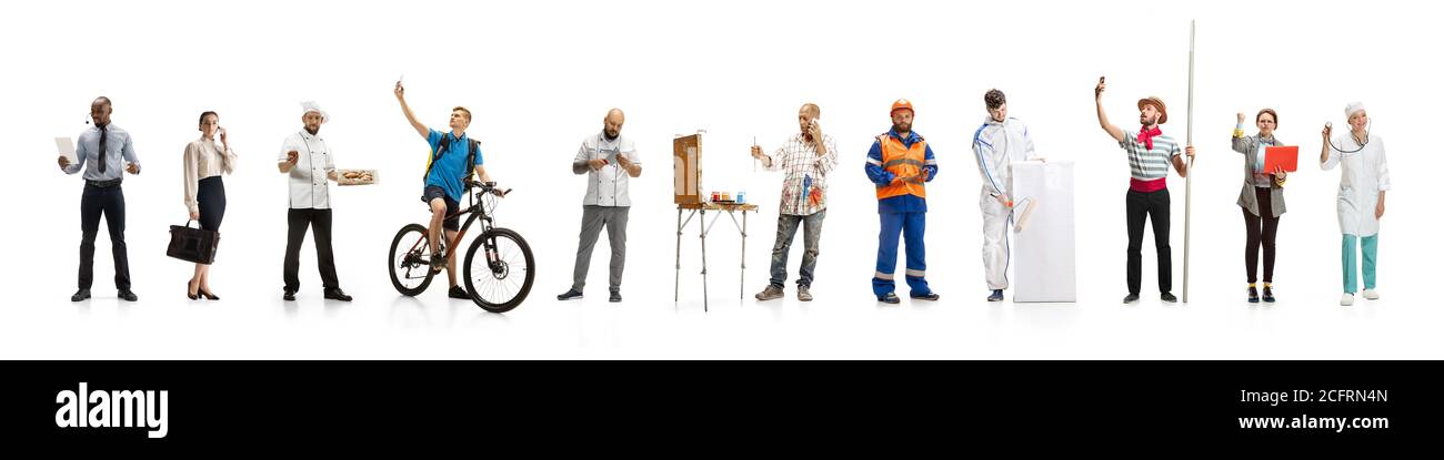 Group of people with different professions on white studio background ...