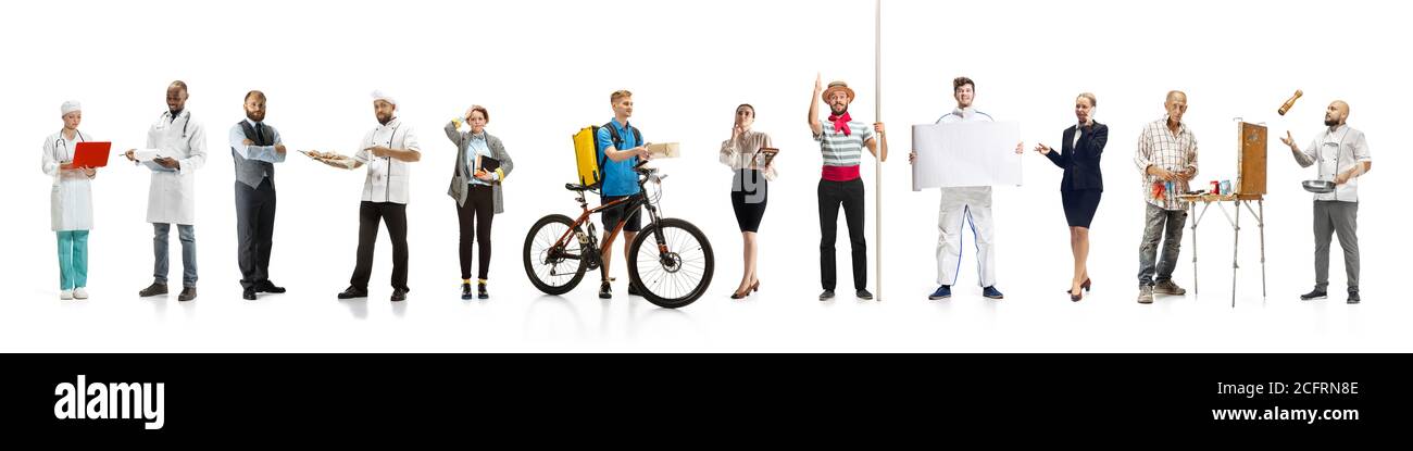 Group of people with different professions on white studio background ...