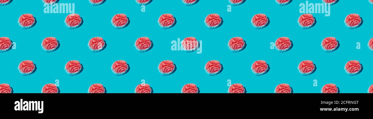 Brains on blue banner. Halloween background made of repeating sweets in ...