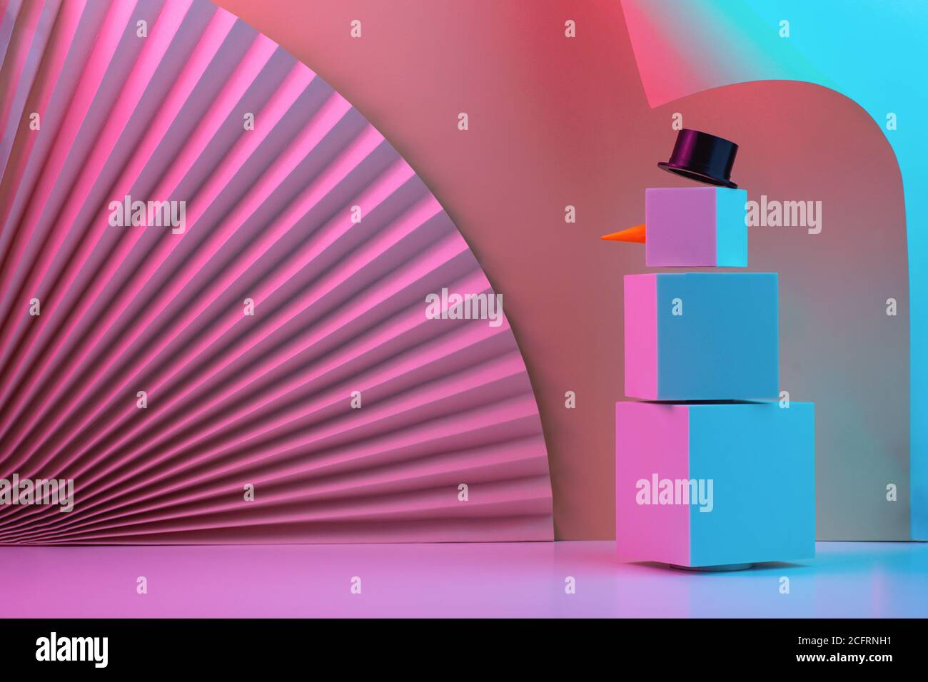 The polygonal snowman of cubes is illuminated with neon light, against ...